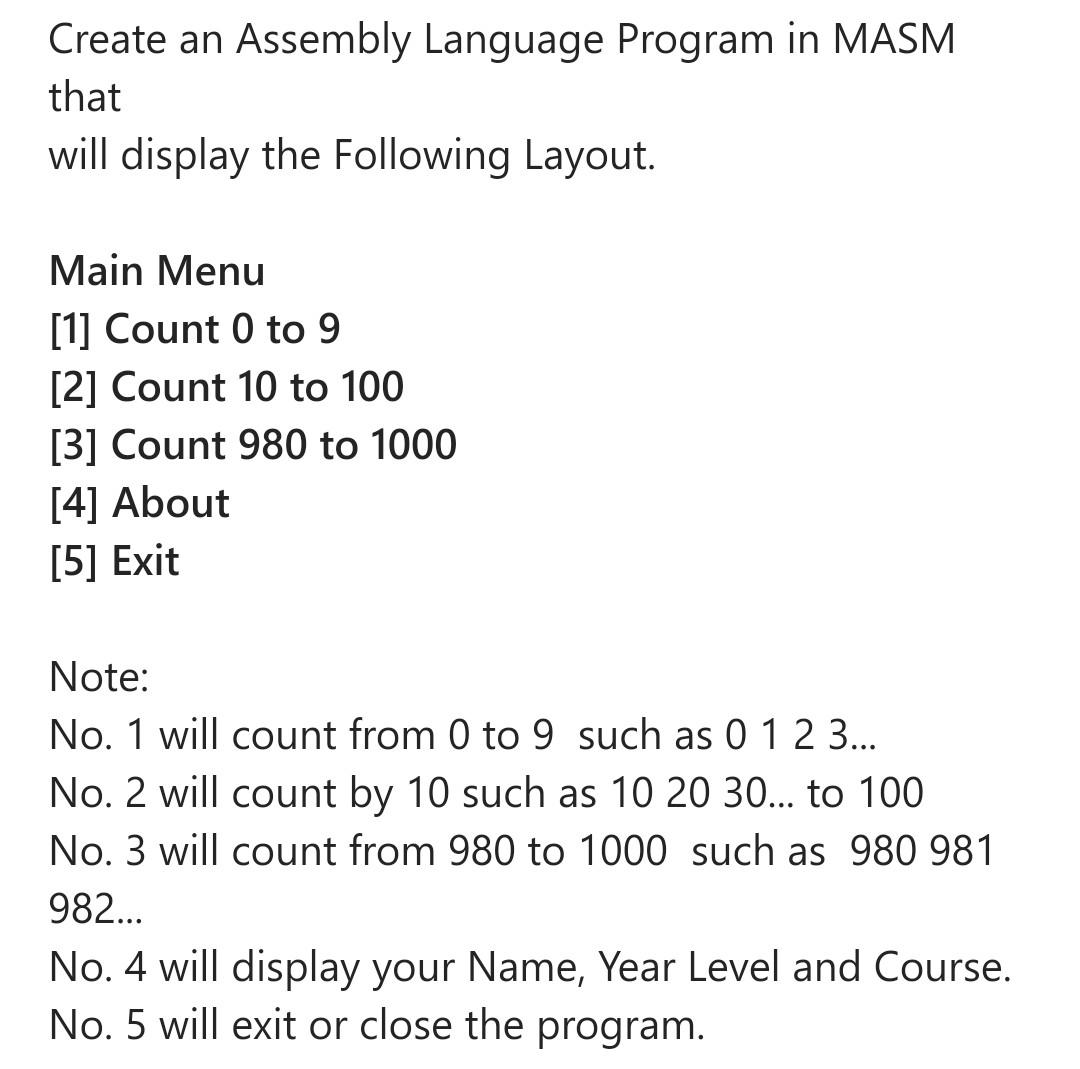 Solved Create an Assembly Language Program in MASM that will | Chegg.com