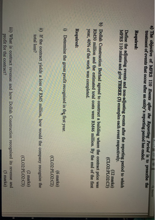 Solved a Search a) The objective of MFRS 110 Events after | Chegg.com