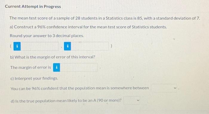 Solved The mean test score of a sample of 28 students in a | Chegg.com