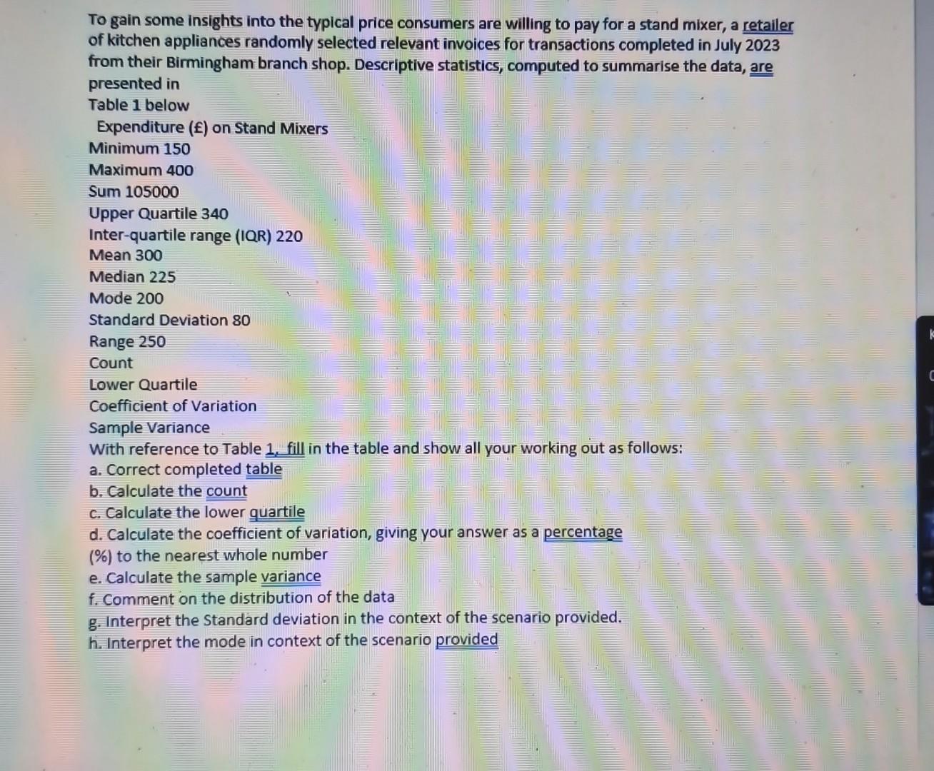 Solved Minimum 150 Maximum 400 Sum 105000 Upper Quartile | Chegg.com