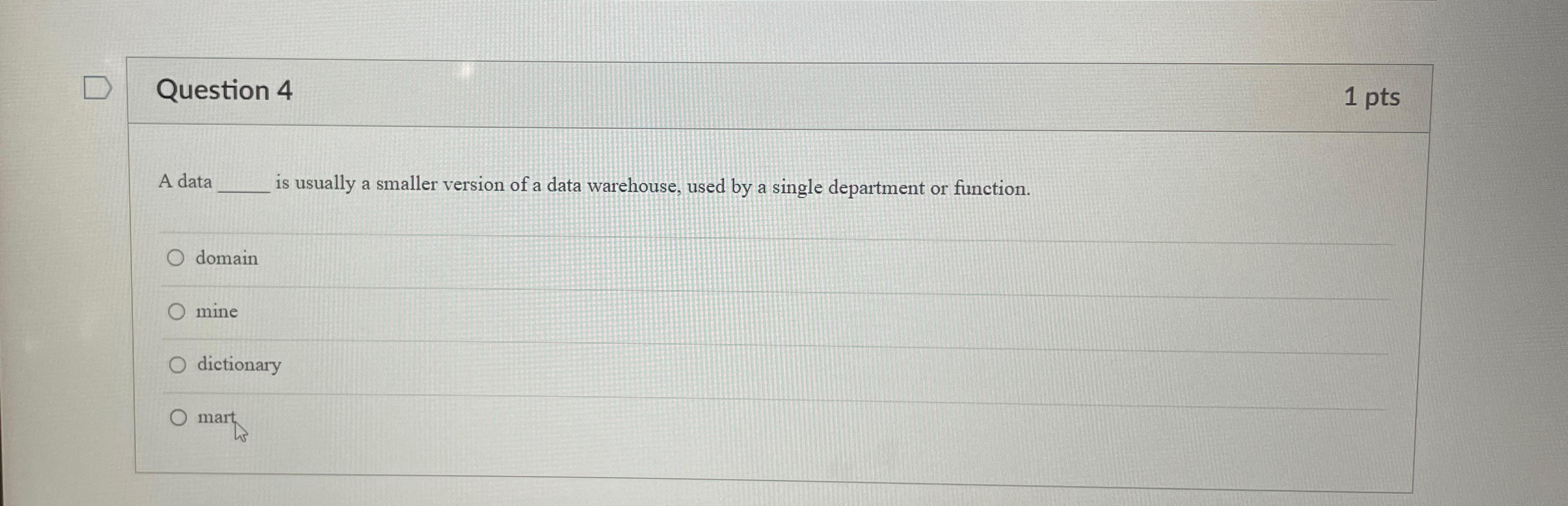 Solved Question 41ptsA data is usually a smaller version of | Chegg.com