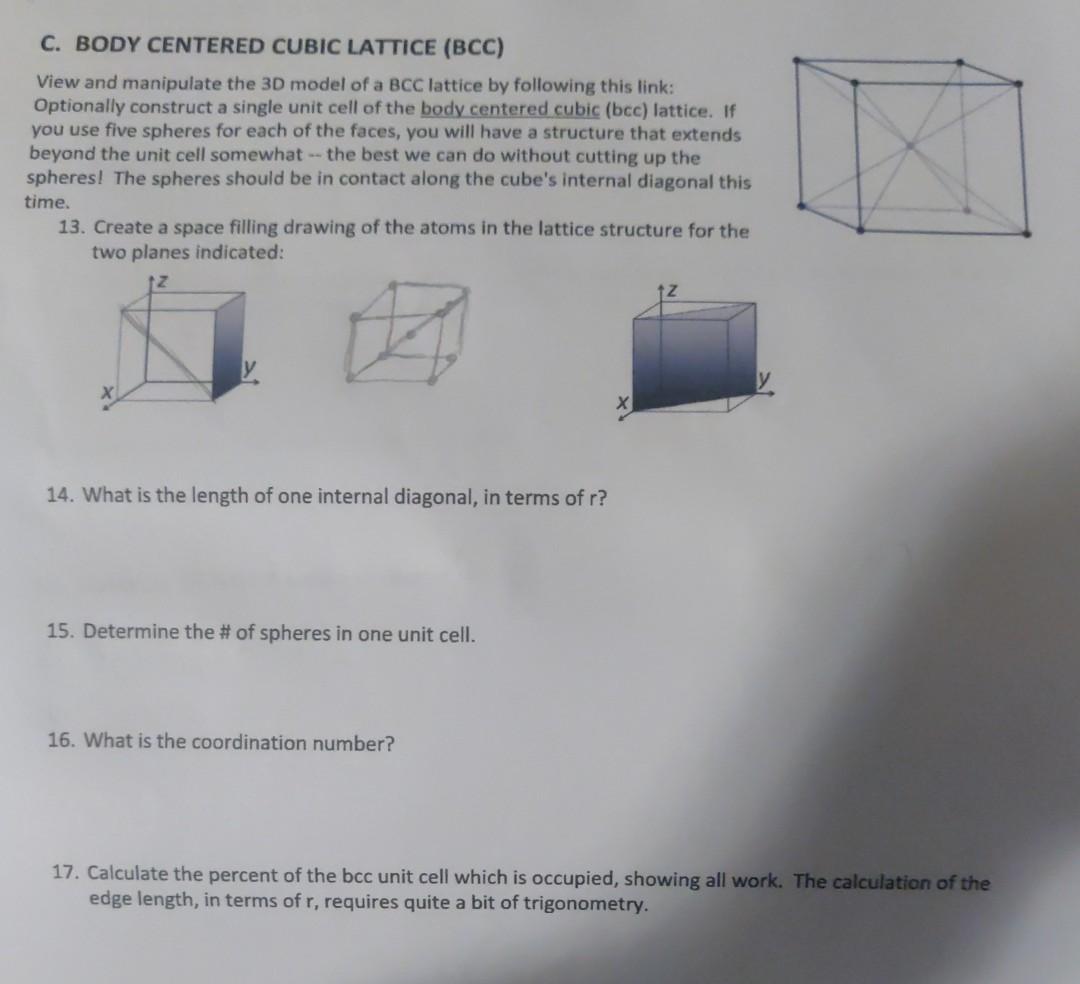 Solved C. BODY CENTERED CUBIC LATTICE (BCC) View and | Chegg.com