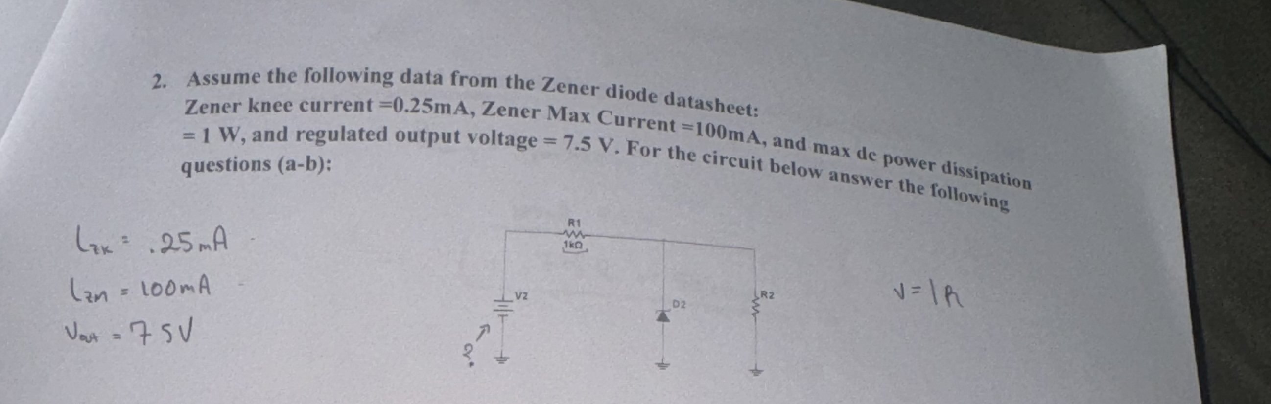 Solved Assume the following data from the Zener diode | Chegg.com