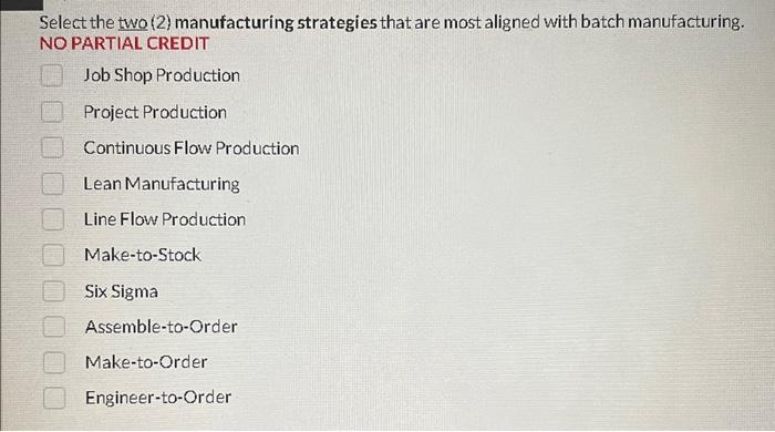 Solved Select the two (2) manufacturing strategies that are | Chegg.com
