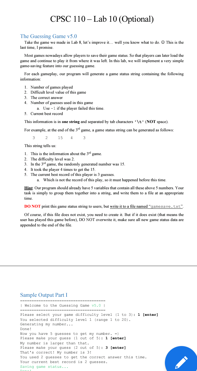 Solved CPSC 110 - Lab 10 (Optional) The Guessing Game v5.0 | Chegg.com