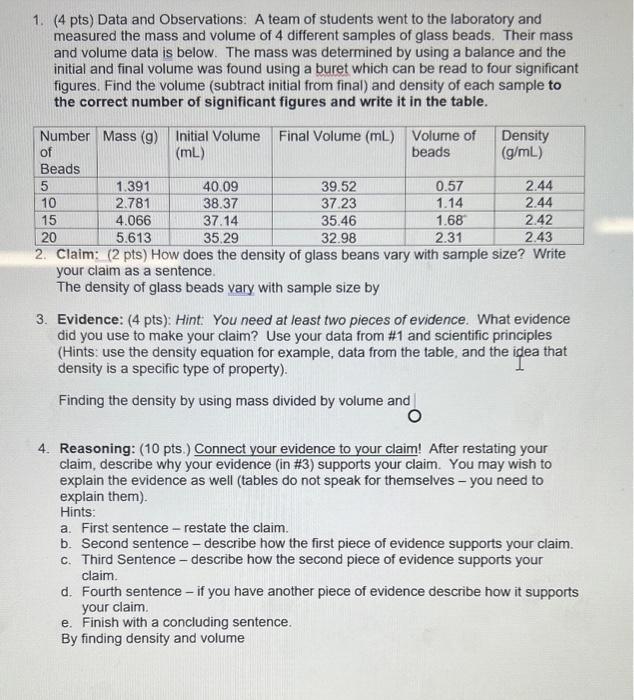 Solved 1. (4 pts) Data and Observations: A team of students | Chegg.com