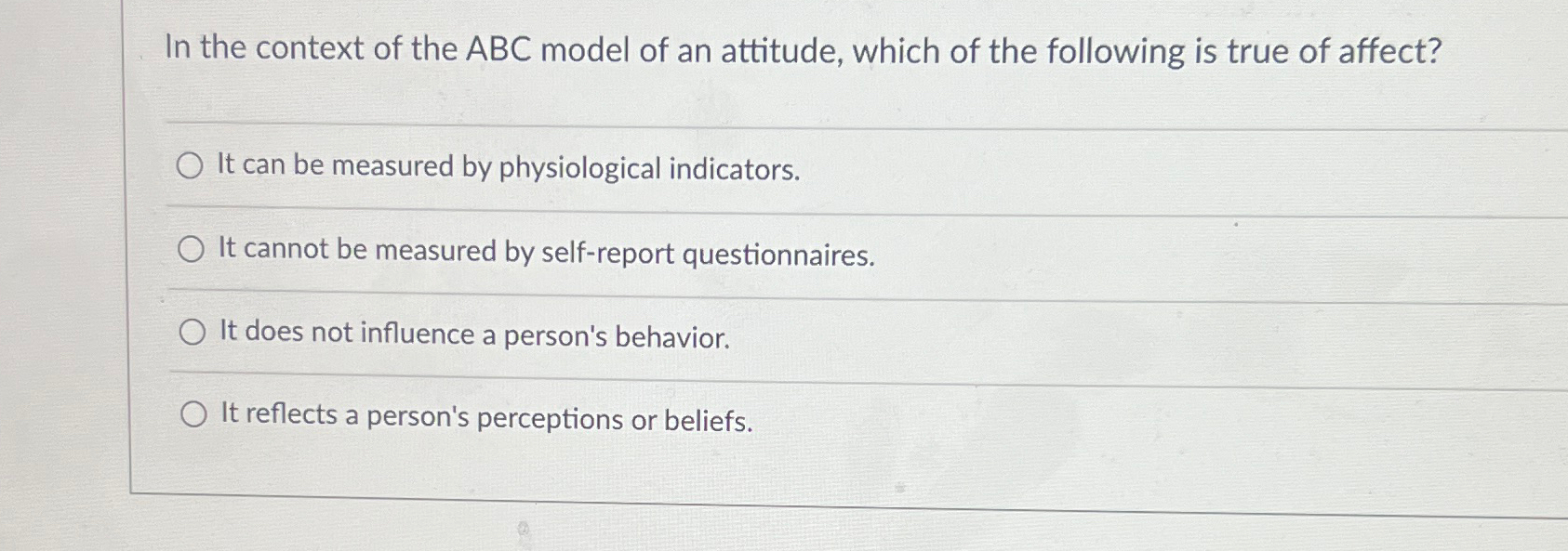 Solved In the context of the ABC model of an attitude, which | Chegg.com