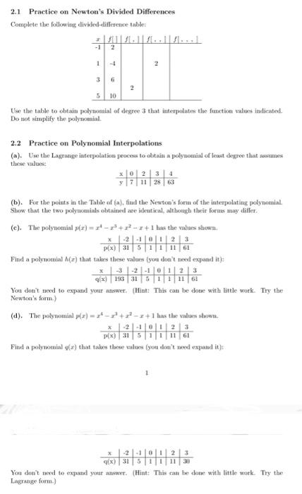 Solved 2.1 Practice on Newton's Divided Differences Complete | Chegg.com