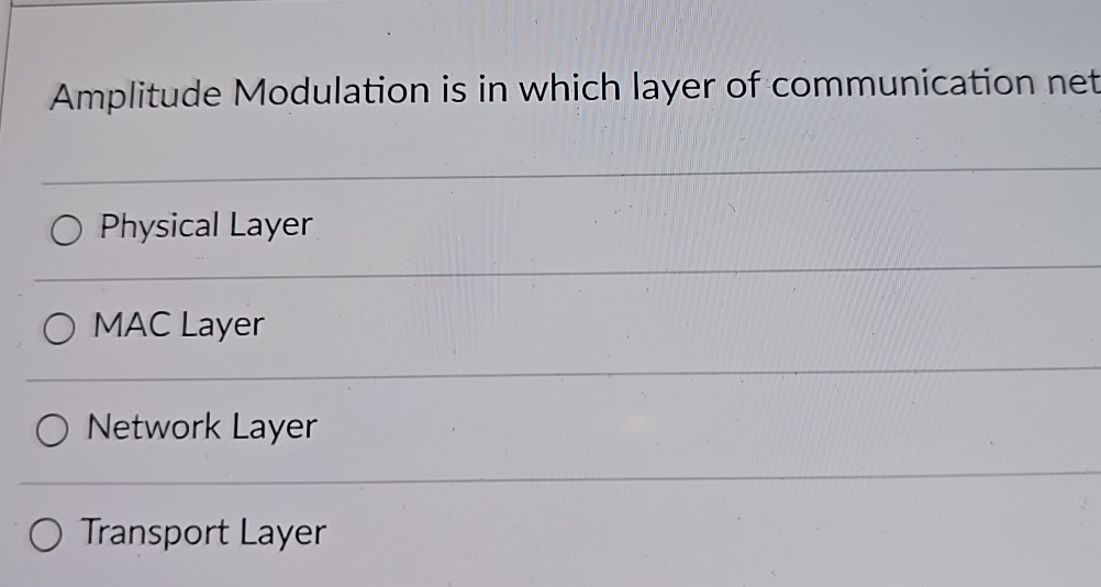 Solved Amplitude Modulation is in which layer of | Chegg.com
