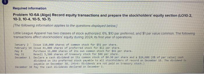 Solved Required information Problem 10-6A (Algo) Record | Chegg.com
