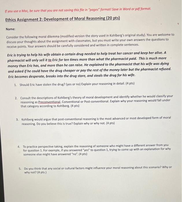 Solved Ethics Assignment 2: Development of Moral Reasoning | Chegg.com