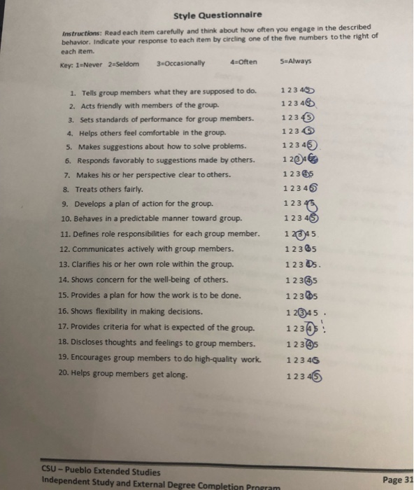 Solved Style Questionnaire Instructions: Read each item | Chegg.com