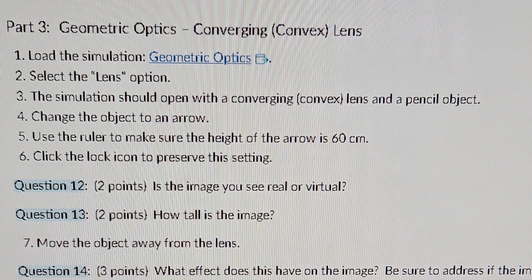 Solved Part 3: Geometric Optics - Converging (Convex) Lens | Chegg.com