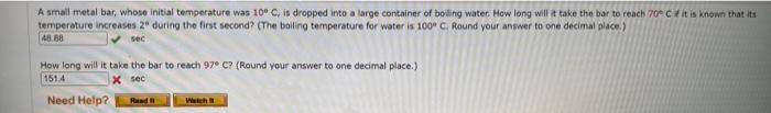 Solved A small metal bar, whose initial temperature was | Chegg.com