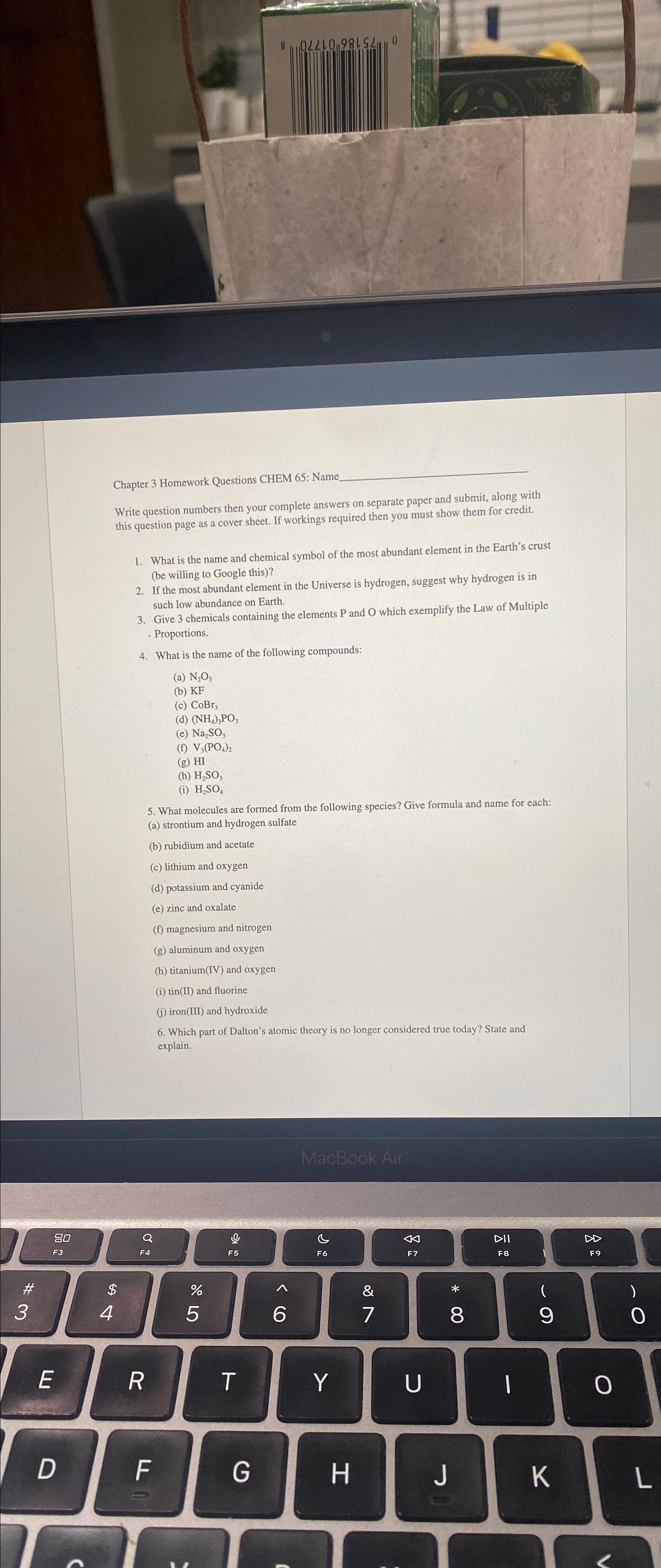 Solved Chapter 3 ﻿Homework Questions CHEM 65: NameWrite | Chegg.com