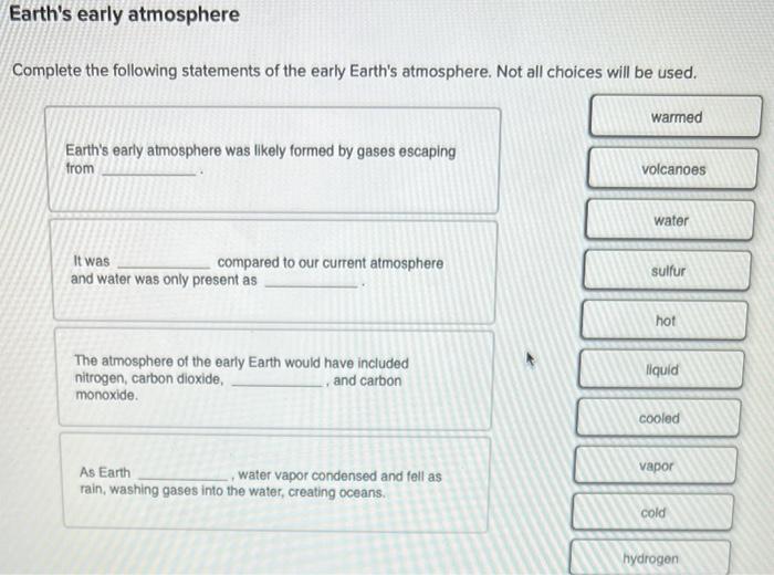 Solved Earth's early atmosphere Complete the following | Chegg.com