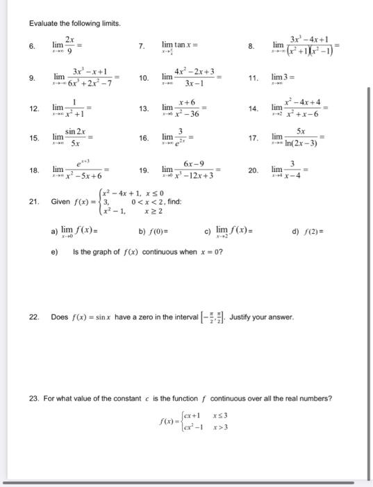 Solved Name: AP Calculus AB - Limits & Continuity Review 1. | Chegg.com