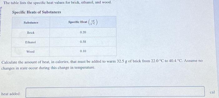 Solved The table lists the specific heat values for brick, | Chegg.com
