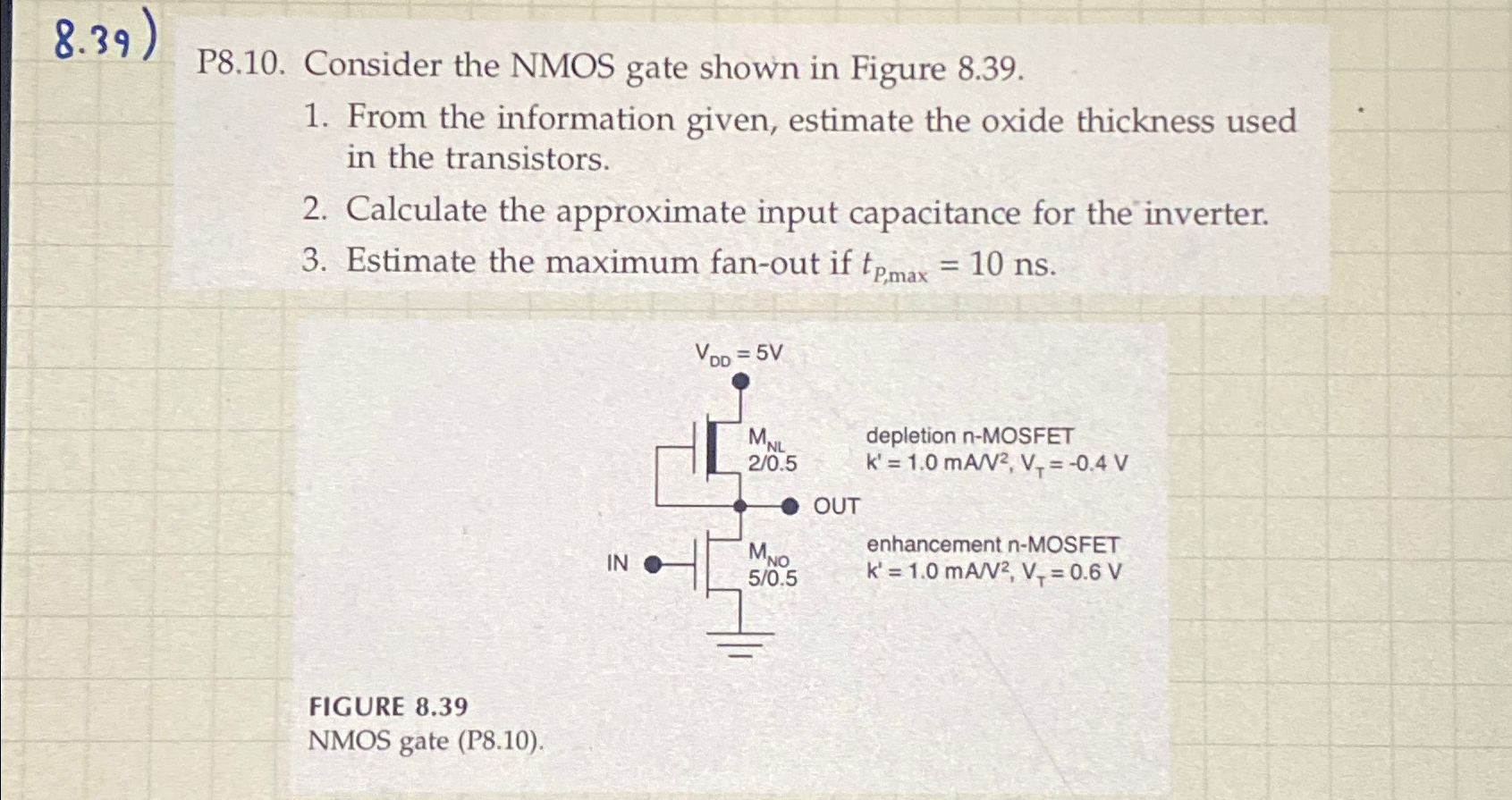 Solved 8.39)P8.10. ﻿Consider the NMOS gate shown in Figure | Chegg.com