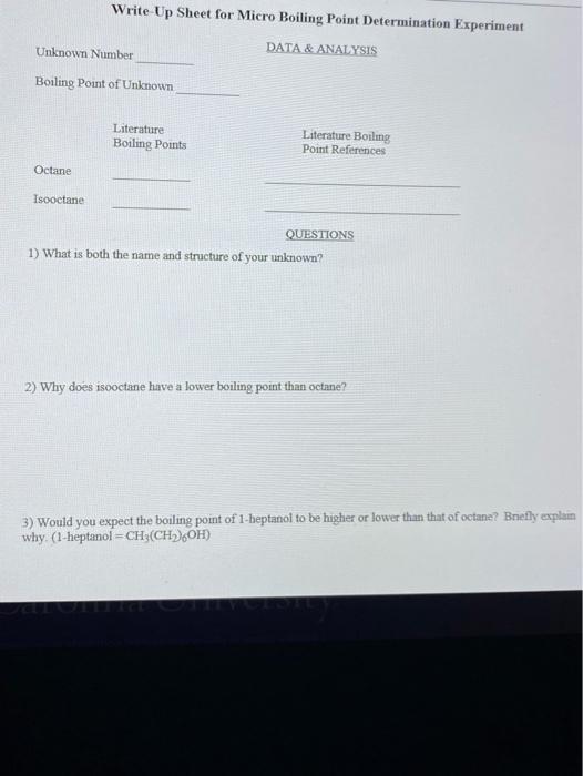 Solved Write Up Sheet for Micro Boiling Point Determination | Chegg.com