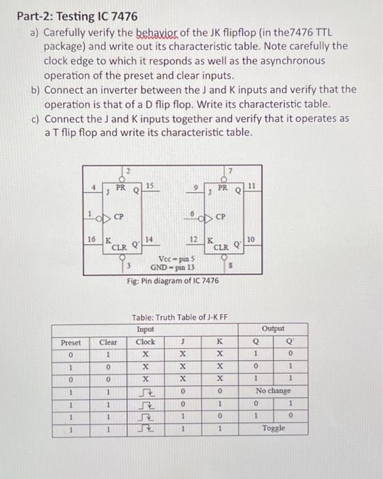 Solved Part-2: Testing IC 7476 a) Carefully verify the | Chegg.com