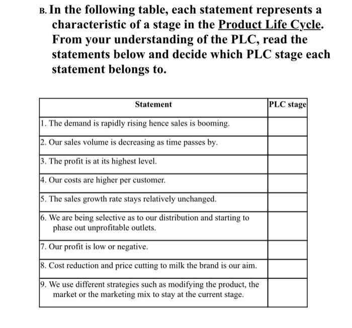 Solved B. In the following table, each statement represents | Chegg.com