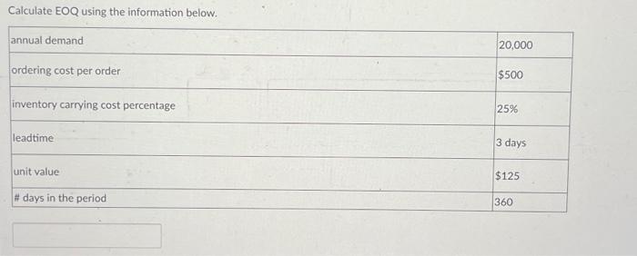 Solved Calculate EOQ using the information below. | Chegg.com