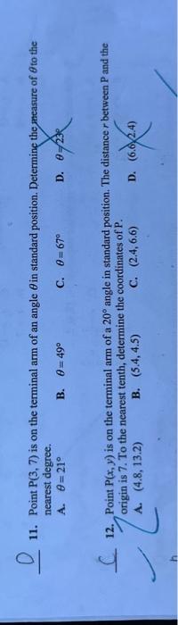 Solved 11. Point P(3,7) is on the terminal arm of an angle θ | Chegg.com