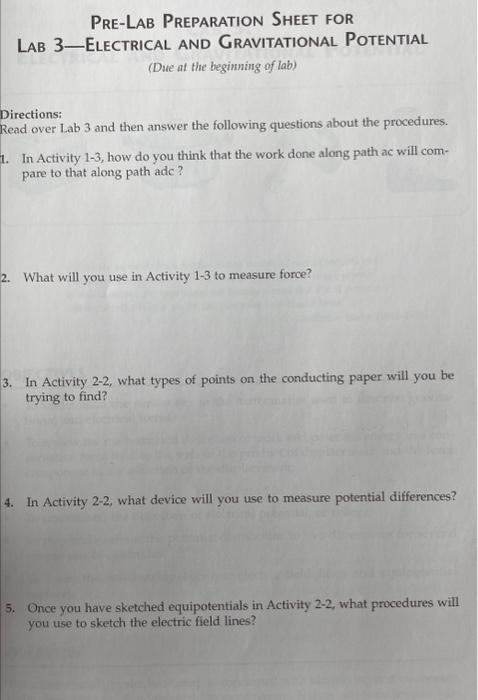 Solved Pre-Lab Preparation Sheet for LAB 3-Electrical and | Chegg.com