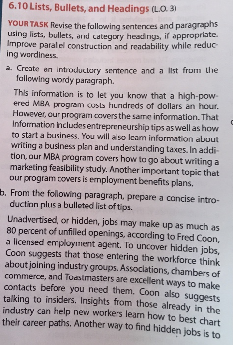 Solved 6.10 Lists, Bullets, and Headings (L.O. 3) YOUR TASK | Chegg.com