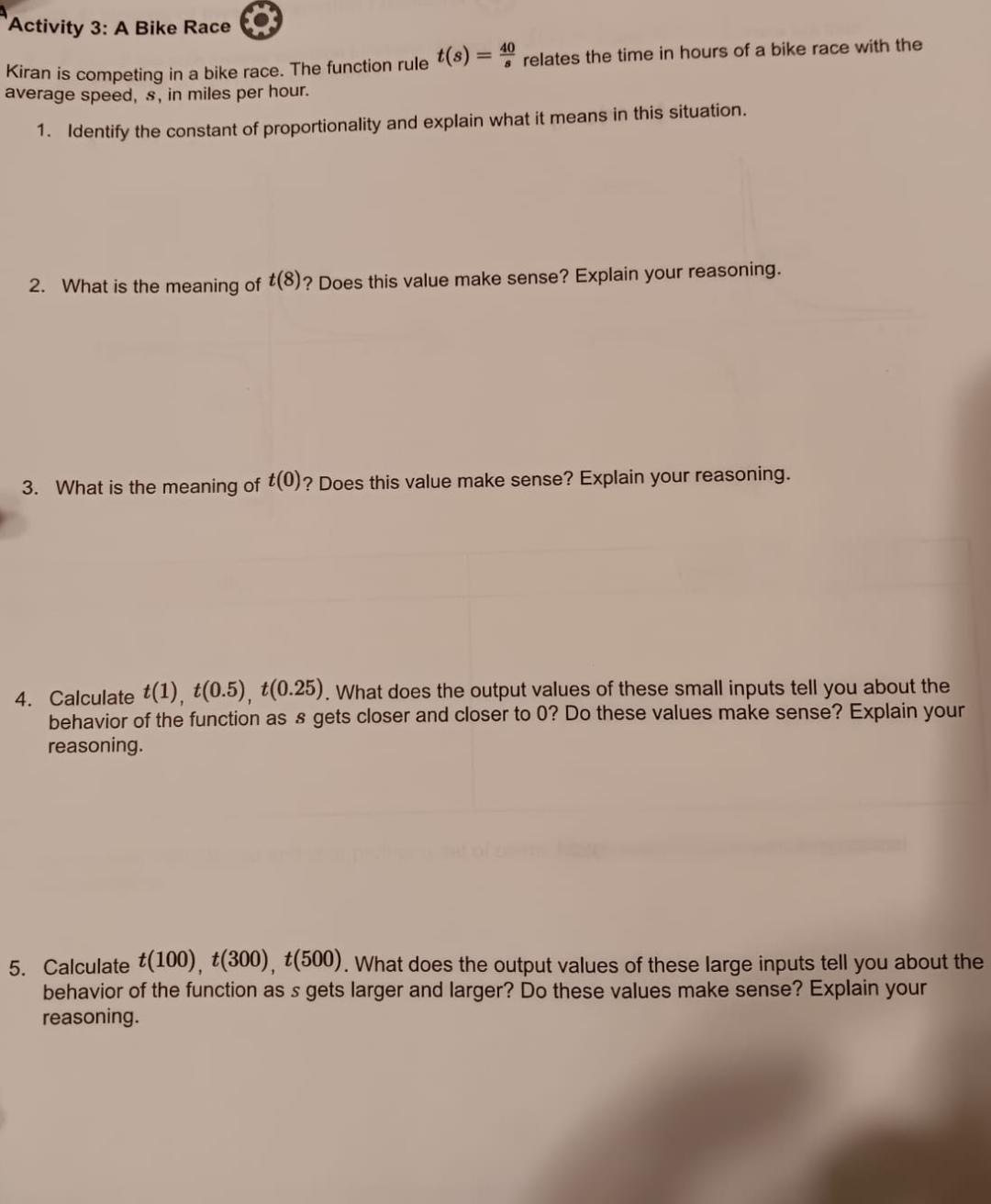 Solved Activity 3: A Bike RaceKiran is competing in a bike | Chegg.com