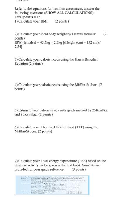 Solved Refer to the equations for nutrition assessment, | Chegg.com