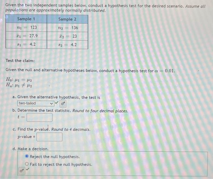 Solved Given the two independent samples below, conduct a | Chegg.com