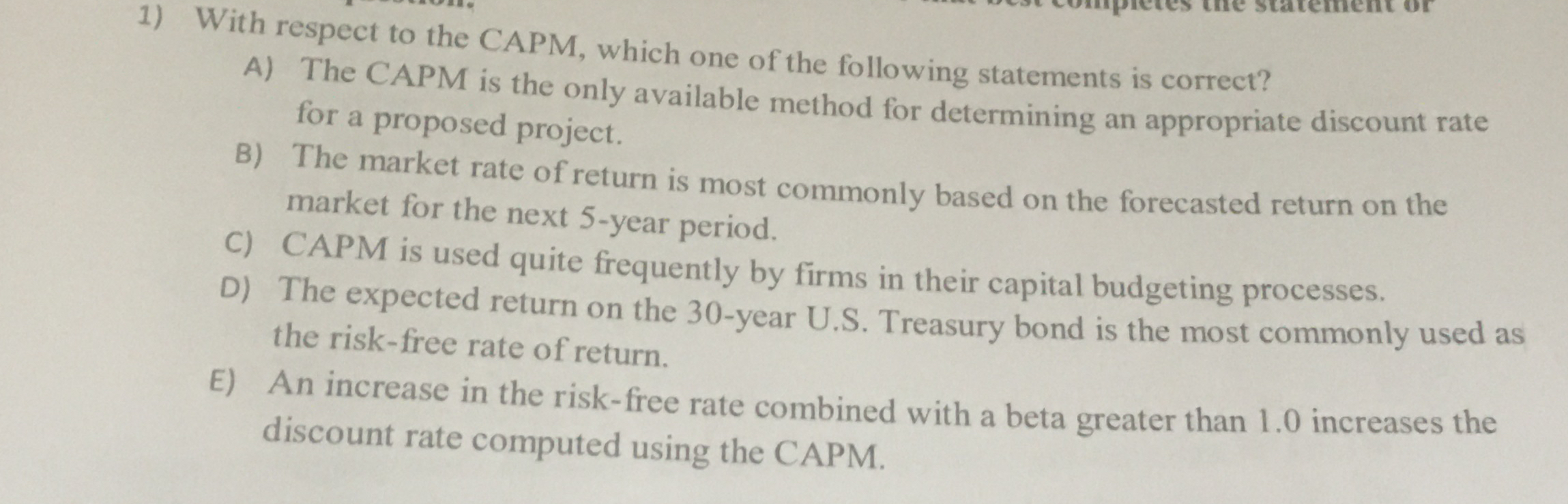 Solved With respect to the CAPM, which one of the following | Chegg.com