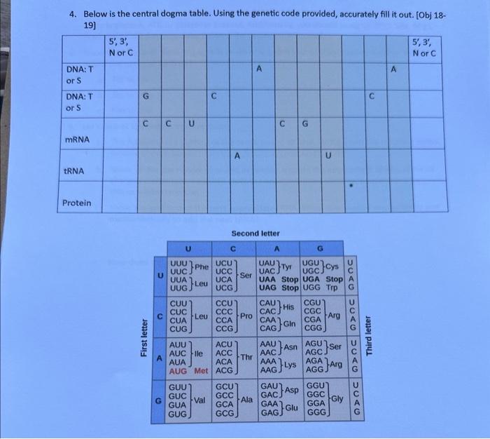 Solved 4. Below is the central dogma table. Using the | Chegg.com