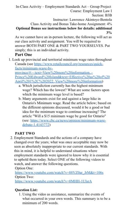 In-Class Activity - Employment Standards Act - Group | Chegg.com