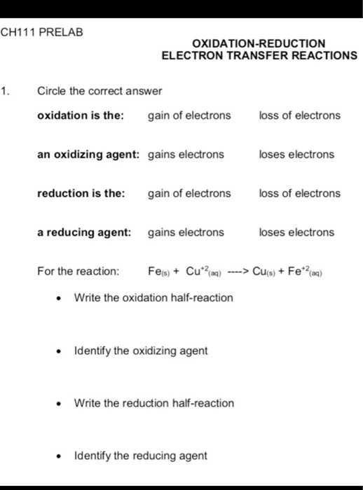 Solved CH111 PRELAB OXIDATION-REDUCTION ELECTRON TRANSFER | Chegg.com