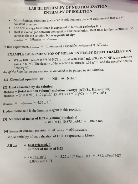 Solved LAB III. ENTHALPY OF NEUTRALIZATION ENTHALPY OF | Chegg.com