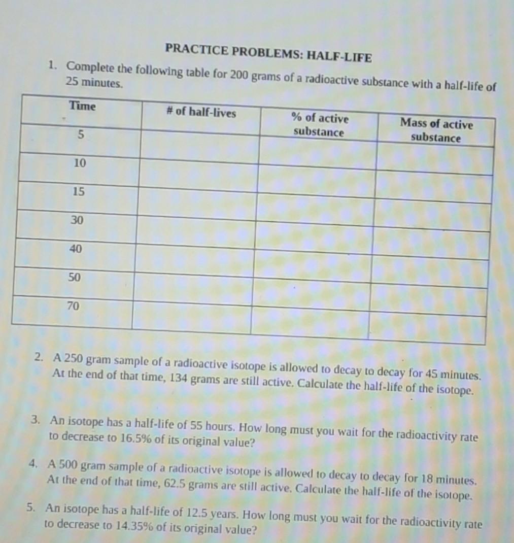 Solved PRACTICE PROBLEMS: HALF-LIFE 1. Complete the | Chegg.com