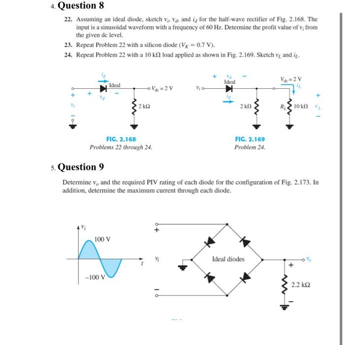 Solved 4. Question 8 22. Assuming an ideal diode, sketch v; | Chegg.com
