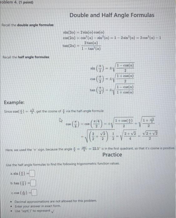 Solved Double and Half Angle Formulas Recall the double | Chegg.com