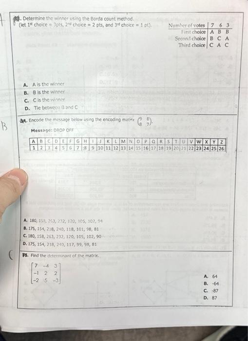 Solved 83. Determine the winner using the Borda count | Chegg.com