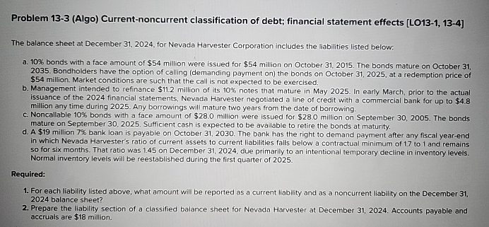 Solved by an EXPERT Problem 13-3 (Algo) ﻿Current-noncurrent | Chegg.com