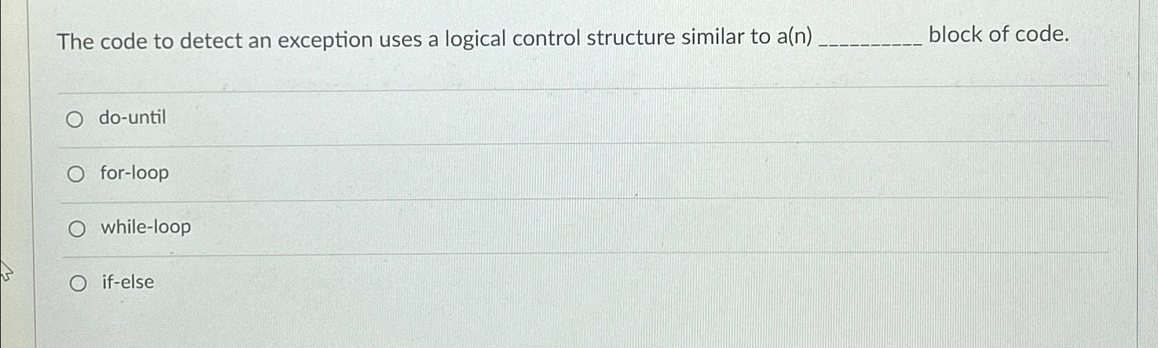 Solved The code to detect an exception uses a logical | Chegg.com