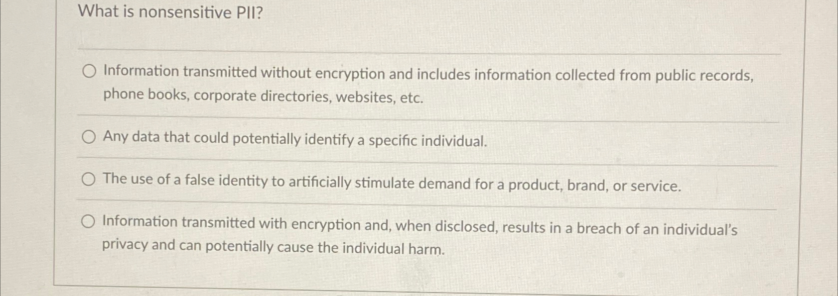 Solved What is nonsensitive PII?Information transmitted | Chegg.com