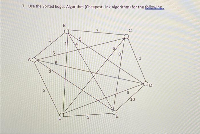 Solved 7. Use the Sorted Edges Algorithm (Cheapest Link | Chegg.com Solved 7. Use the Sorted Edges Algorithm (Cheapest Link | Chegg.com
