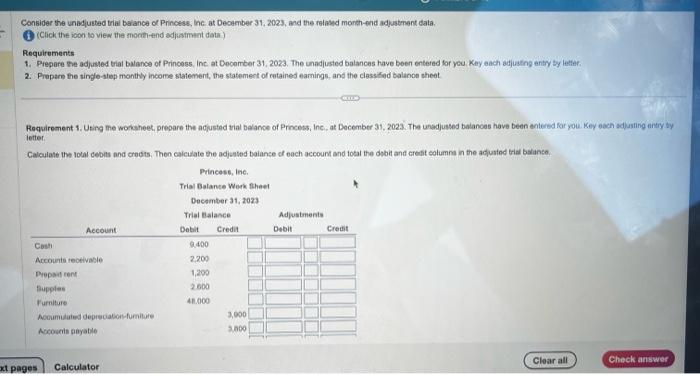 Solved Consider the unadusted tria belance of Princess, inc. | Chegg.com