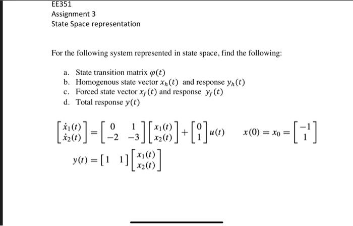 Solved EE351 Assignment 3 State Space representation For the | Chegg.com