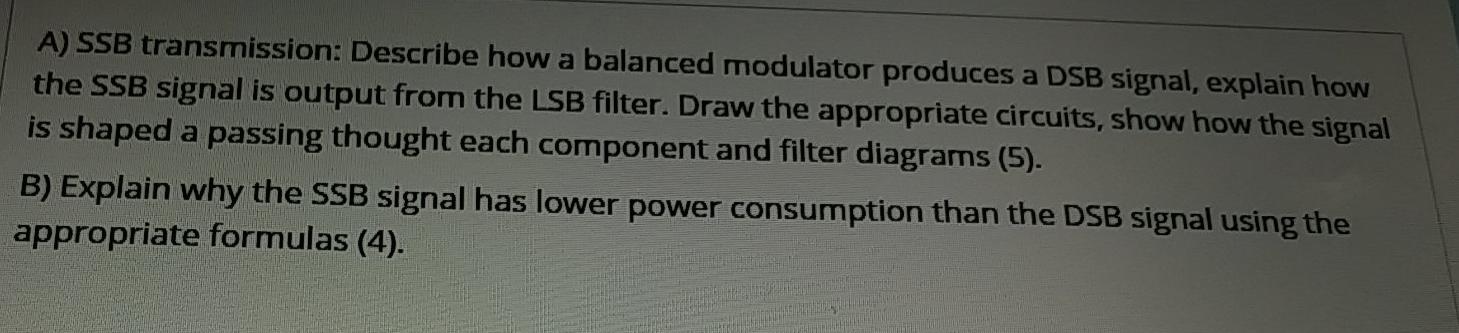 Solved A) SSB transmission: Describe how a balanced | Chegg.com