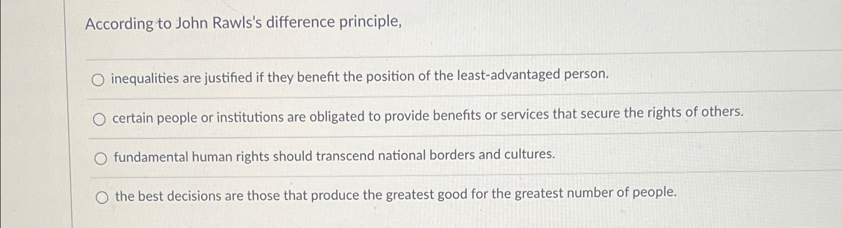 Solved According to John Rawls's difference | Chegg.com